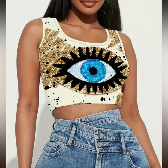 Tops | Evil Eye Print Crop Tank Top Y2k Sleeveless Tank Top For Summer ...